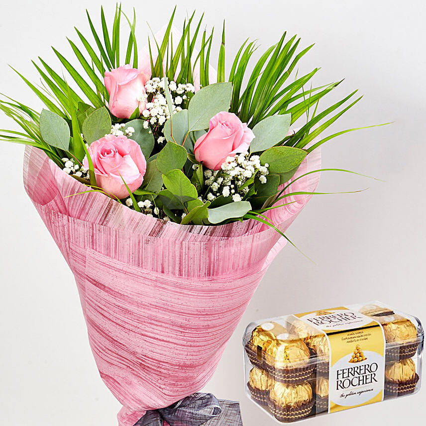 Online Pink Rose Bouquet With Ferrero Rocher Chocolate Gift Delivery in ...