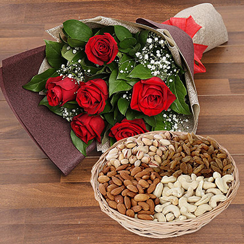 Online 6 Red Roses Bouquet With Dry Fruits Gift Delivery in Singapore - FNP