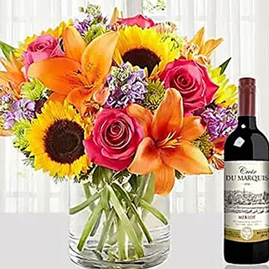 Online Colored Flowers Vase Arrangement With Wine Gift Delivery in ...