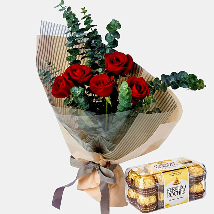 Online Red 5 Roses Love Bouquet with Ferrero Rocher Gift Delivery in ...
