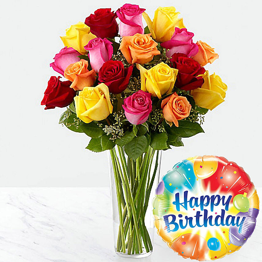 Online Vase Of 12 Vivid Roses With Birthday Balloon Gift Delivery in Singapore - FNP