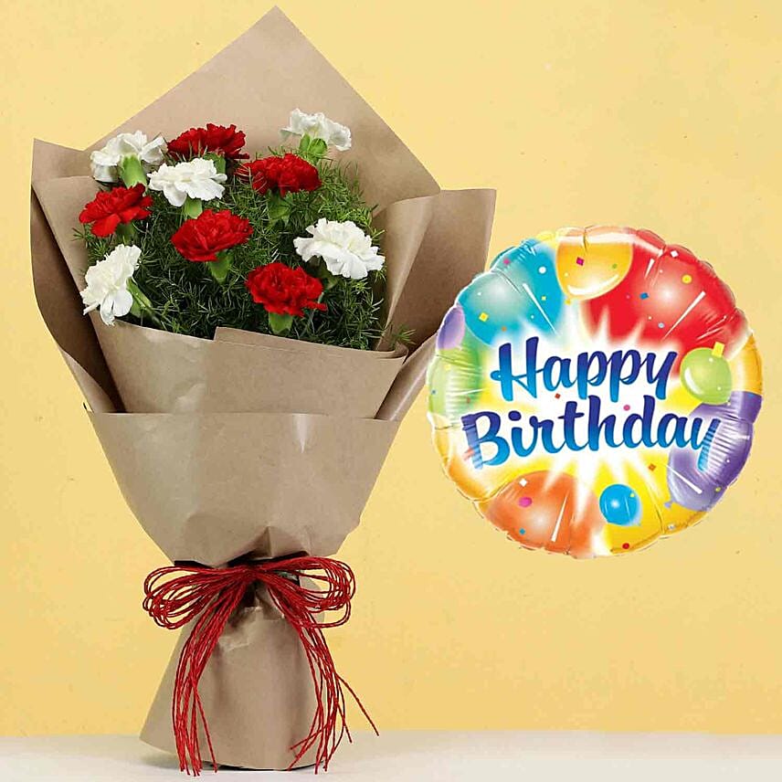 Online Gorgeous Pink White Carnations Bouquet with Happy Birthday ...
