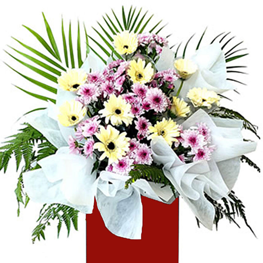 Online Gerberas Purple Pom In Beautiful Red Stand Gift Delivery in ...