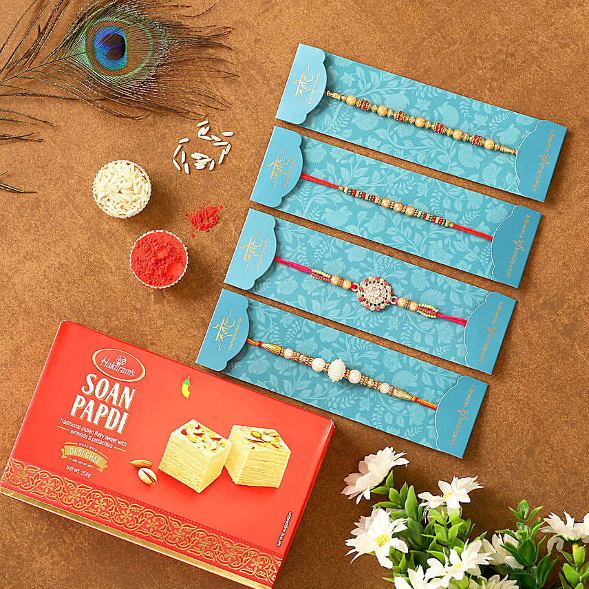 Online Set Of 3 Ethnic Rakhis & Soan Papdi Combo Gift Delivery in ...