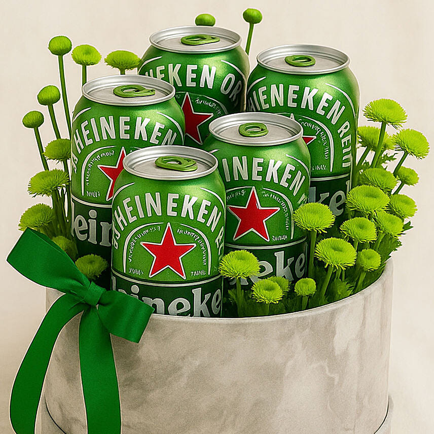Online Green Button & Heineken Beer Round Gift Box Gift Delivery in ...