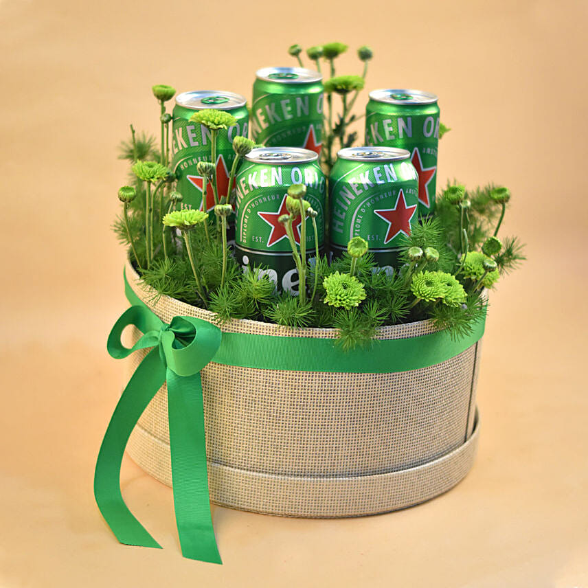 Online Green Button & Heineken Beer Round Gift Box Gift Delivery in ...