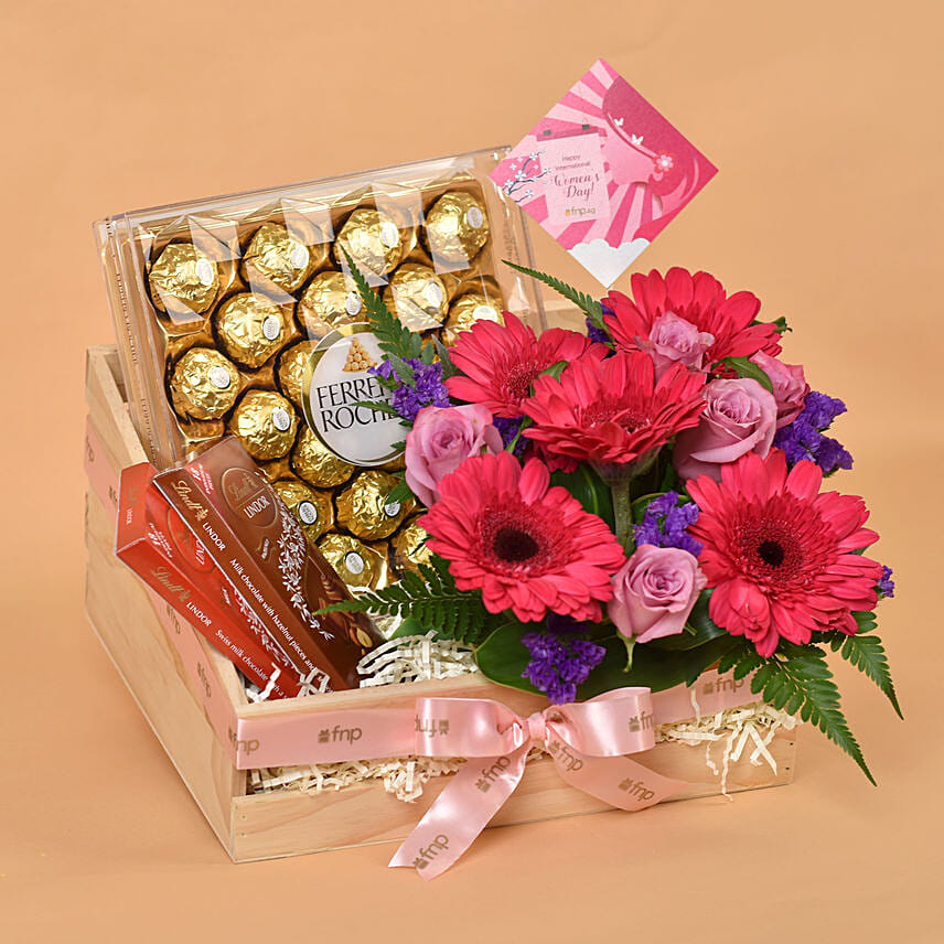 Online Flowers & Chocolates Wooden Crate Hamper for Women's Day Gift ...