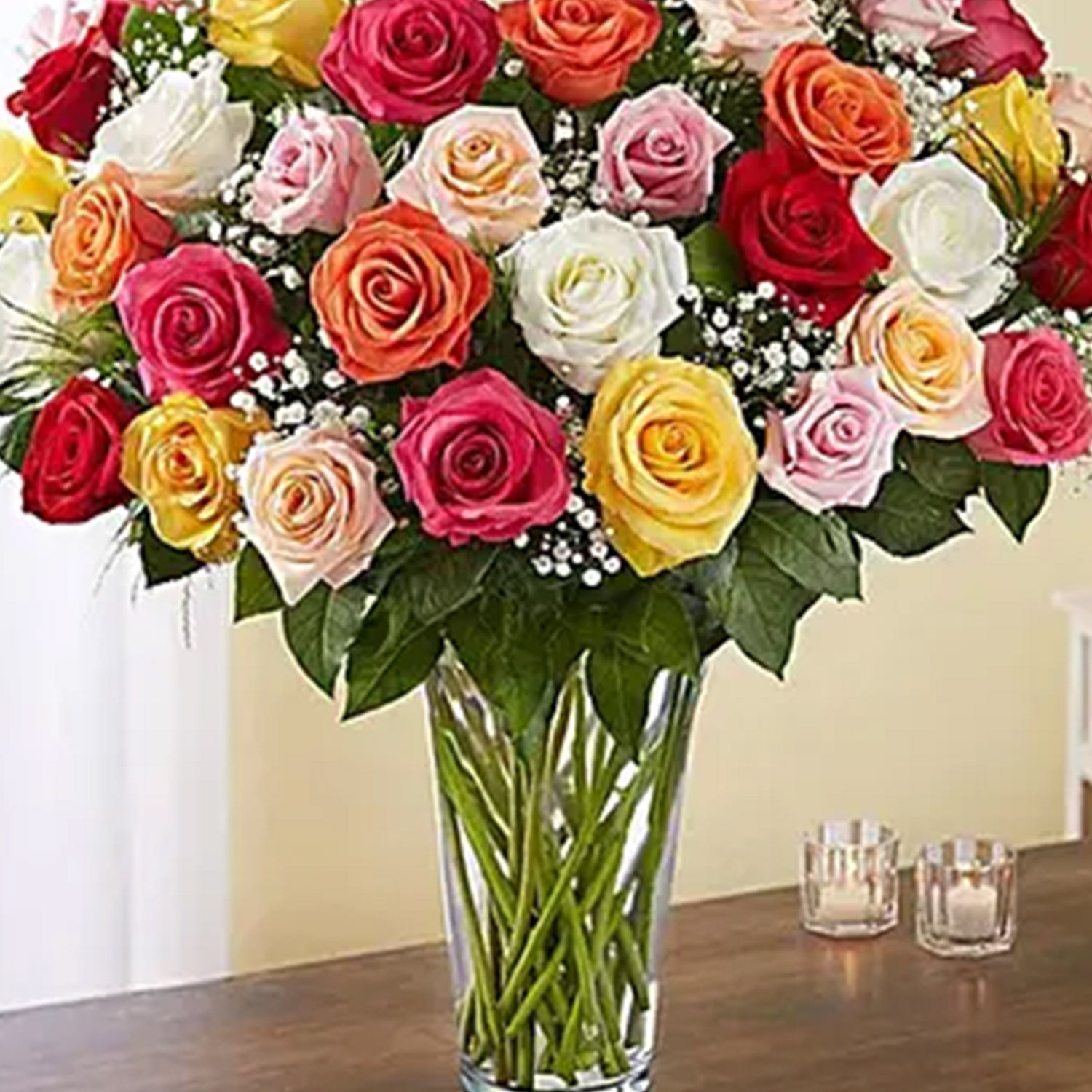 Online Bunch of 50 Assorted Roses In Glass Vase Gift Delivery in ...