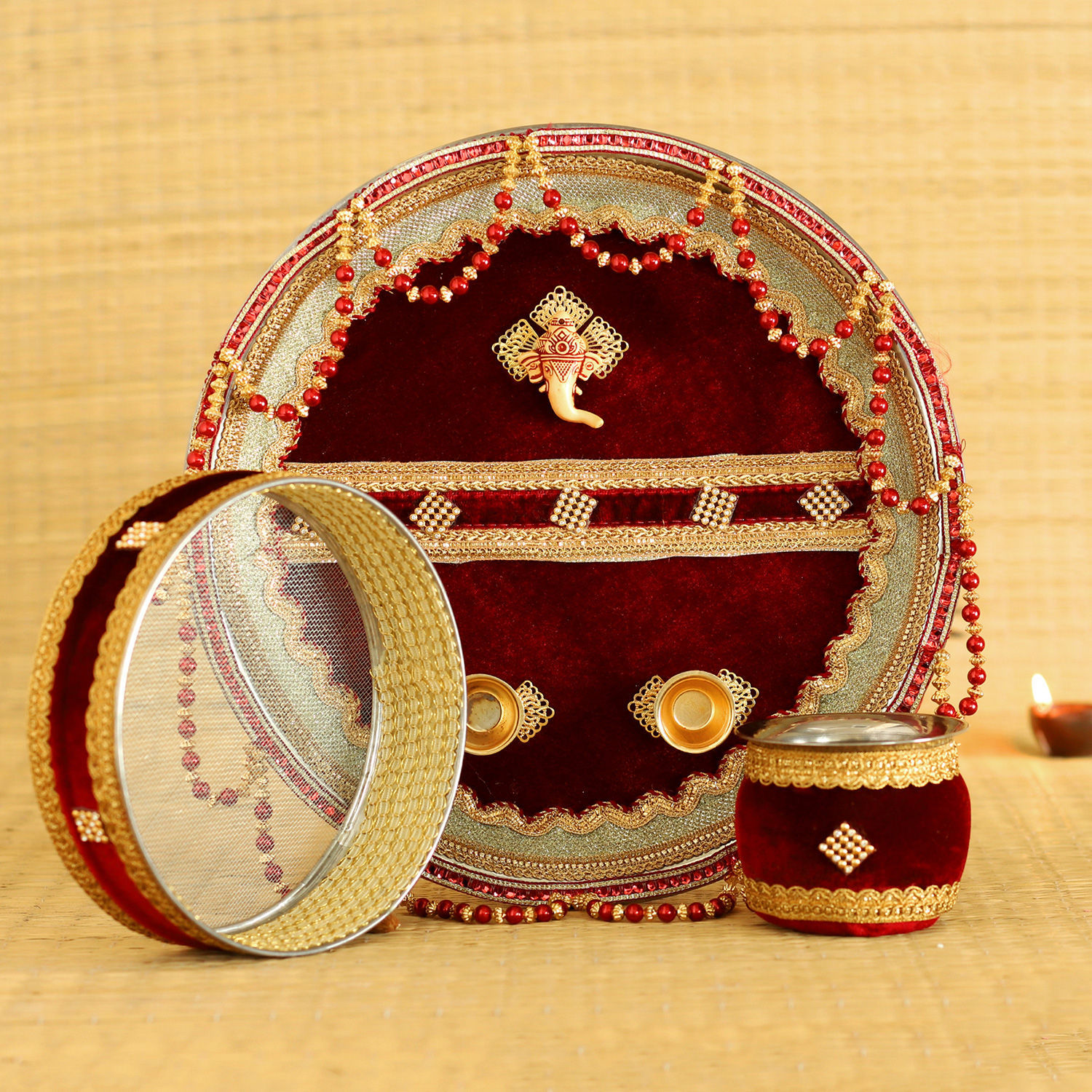 Online Royal Maroon Velvet Adorned Thali Set Gift Delivery in Singapore ...