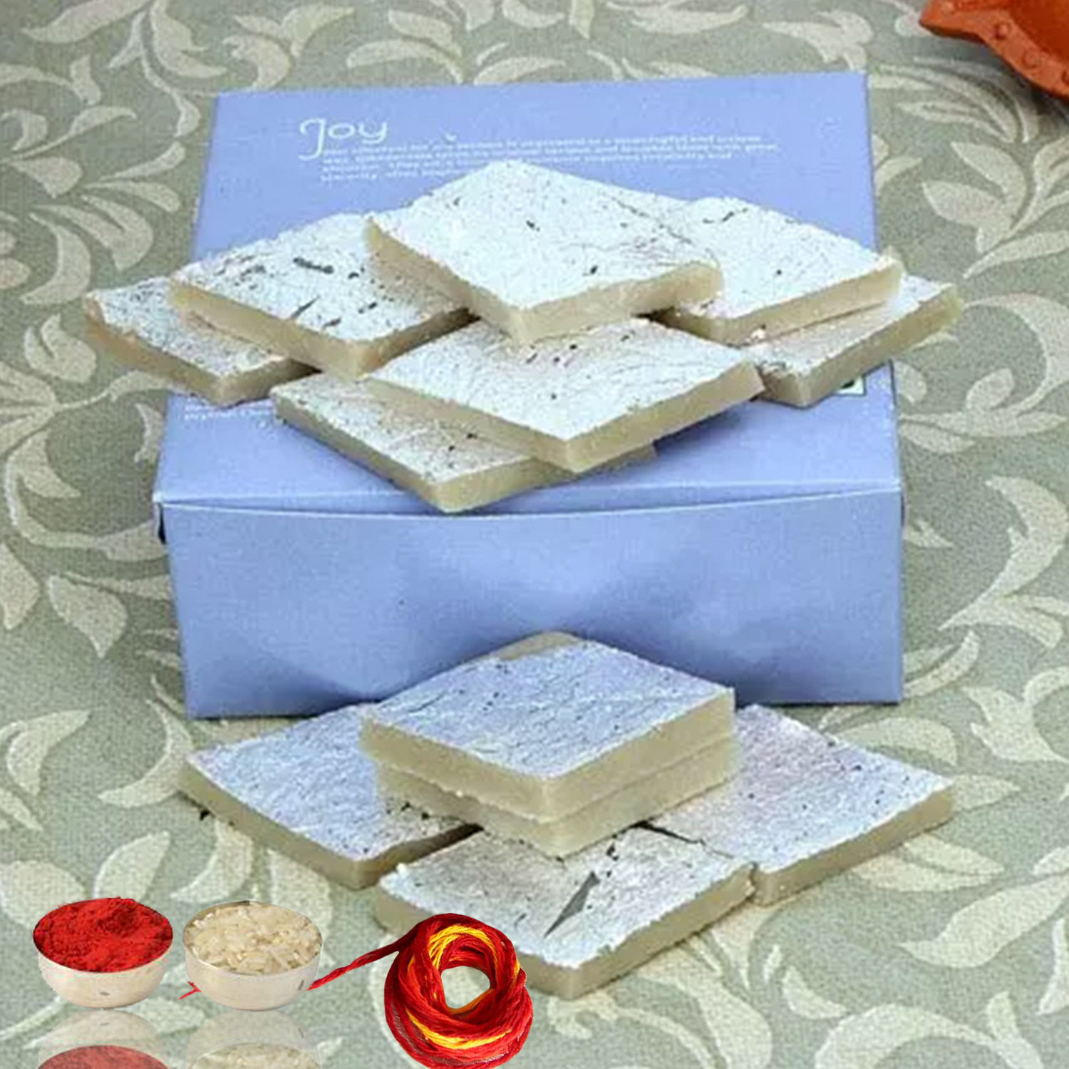 Online Box Of Kaju Barfi 500gm With Moli & Roli Chawal For Bhaidooj ...