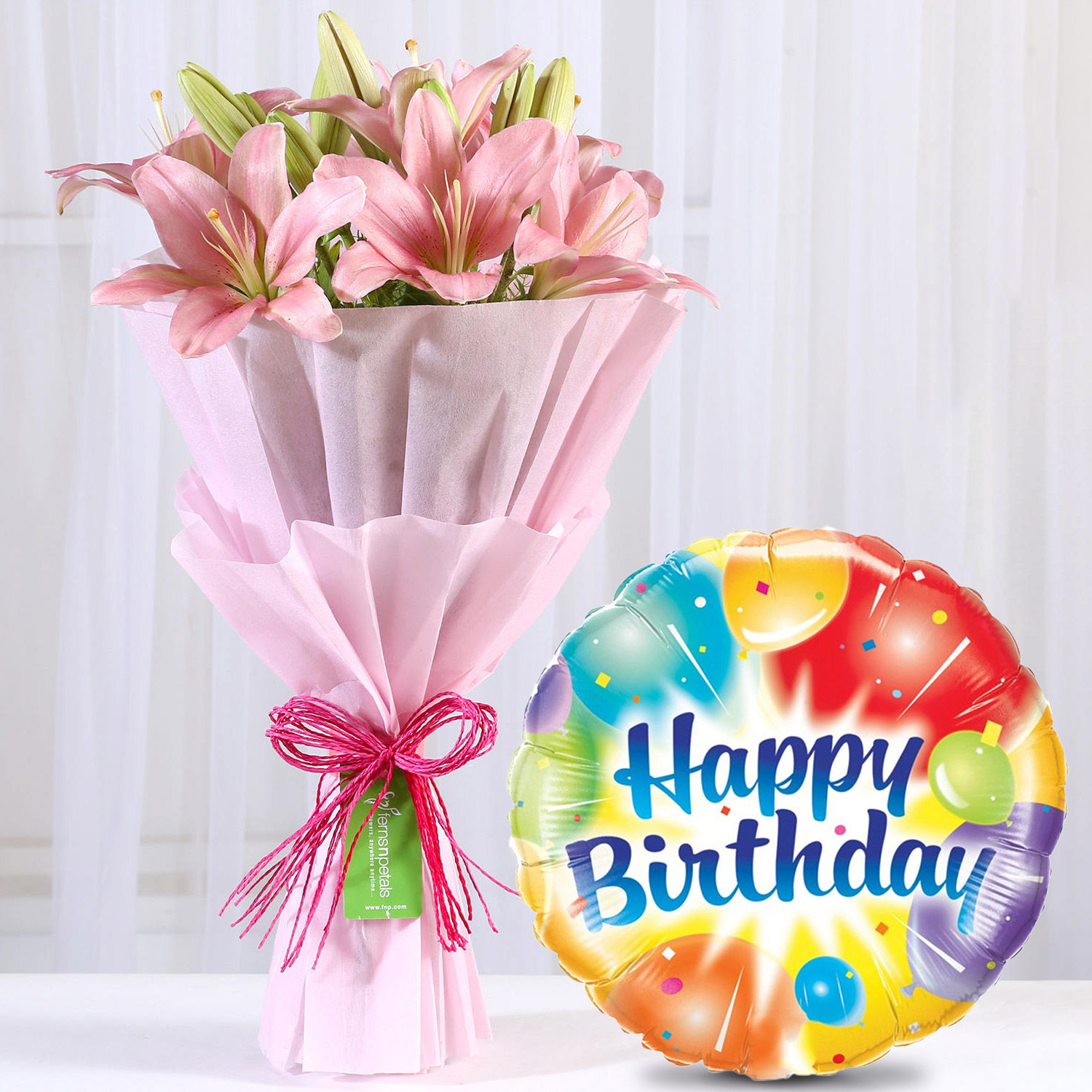 Online Admirable Asiatic Pink Lilies Bunch with Birthday Balloon Gift ...