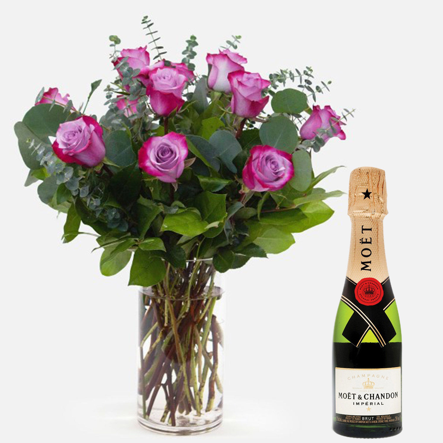 Online 12 Purple Roses Glass Vase Arrangement with Moet Champagne 200ml ...