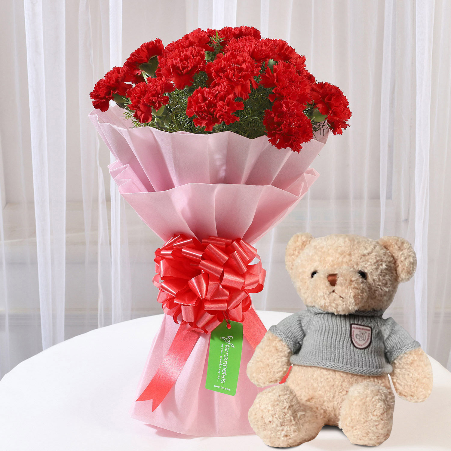 Online Ravishing 20 Red Carnations Bouquet with Teddy Bear Gift ...
