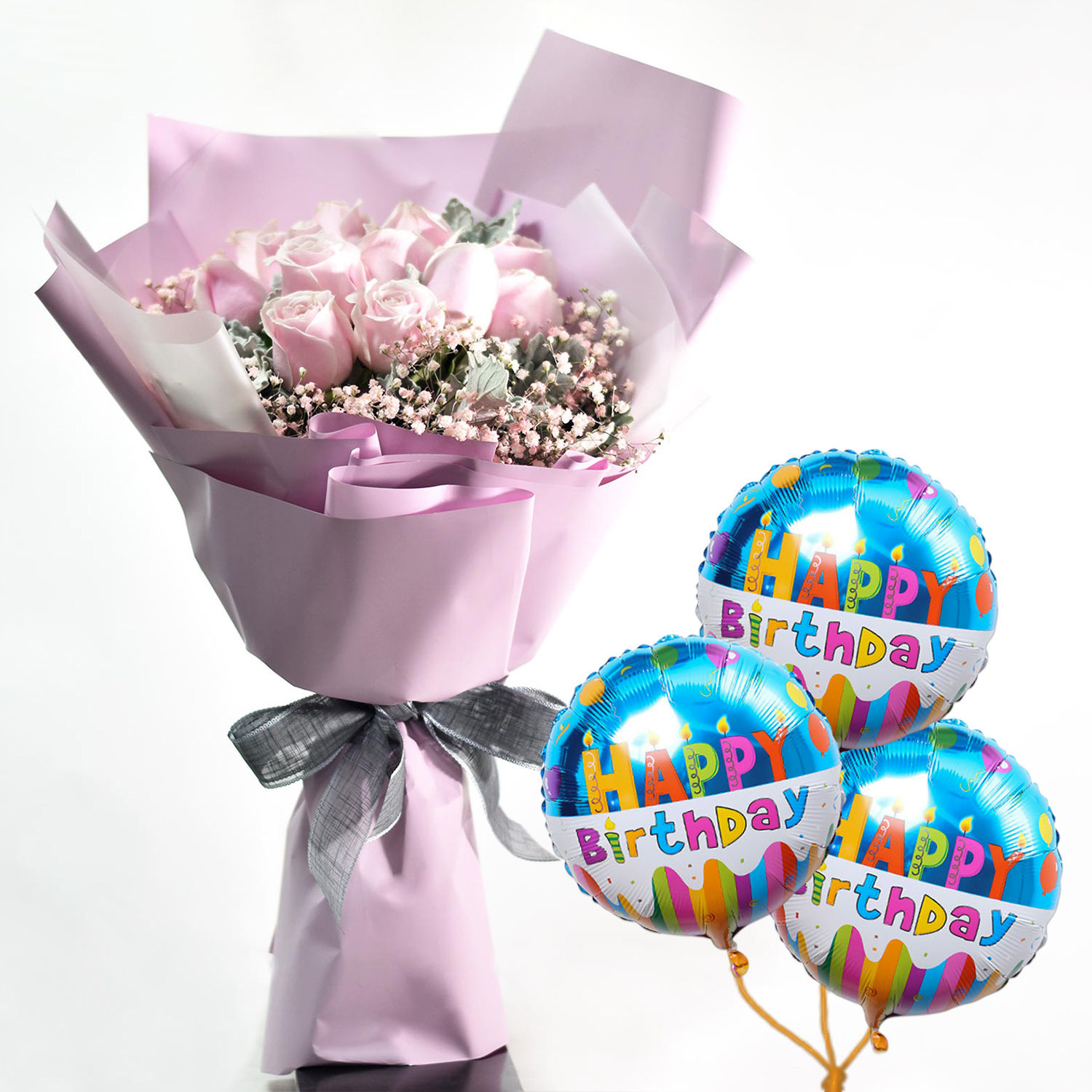 Online Beautiful Pink Roses Bouquet With Birthday Balloons Gift Delivery in Singapore - FNP